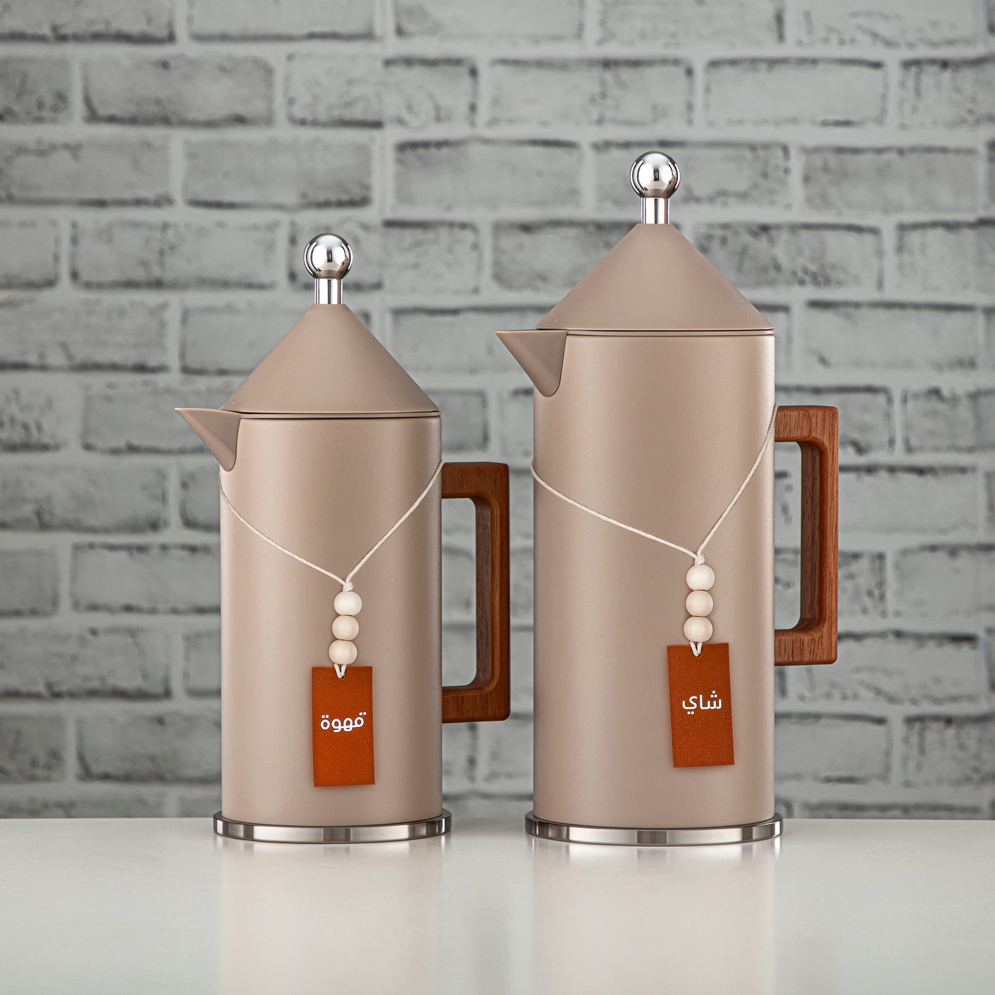 Almarjan Vacuum Flask Set Matt Beige & Wooden Handle 0.6L + 1L (VAF295